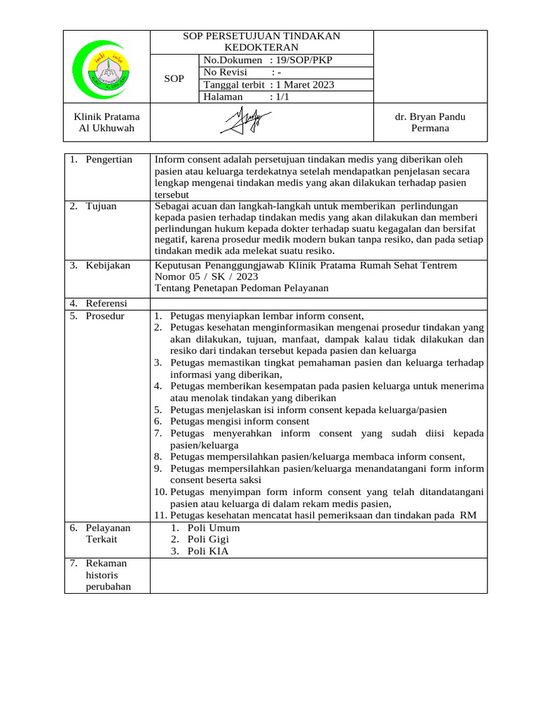 PKP2 - EP1 SOP Dan Form Persetujuan Tindakan | PDF