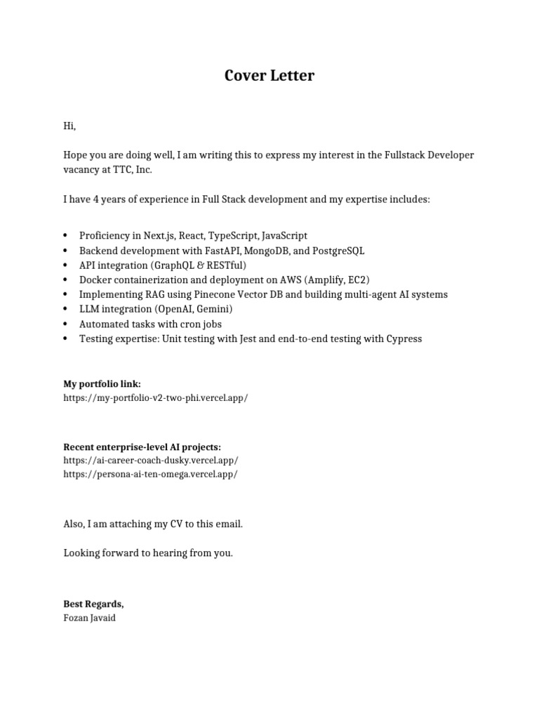 Cover Letter Fozan Javaid TTC Formatted | PDF