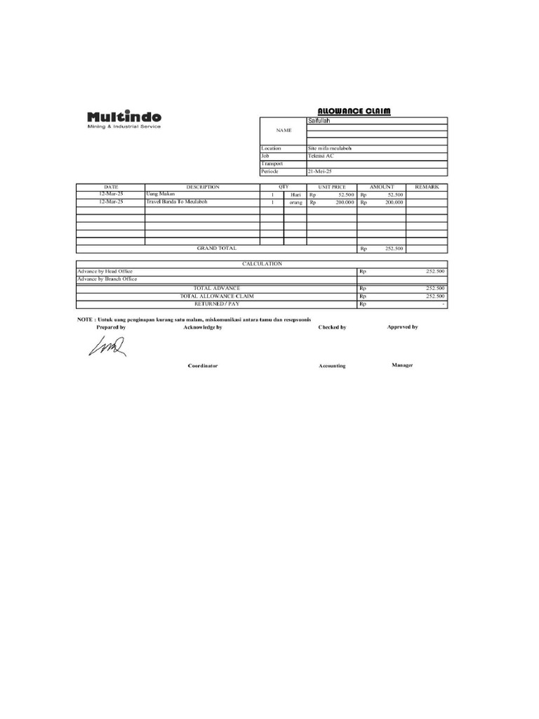 Nota Form Allowance Claim | PDF