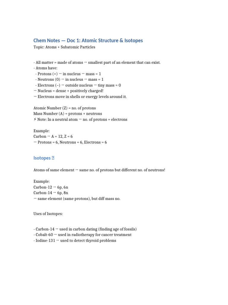 Chem Notes Doc1 Atomic Structure Isotopes | PDF