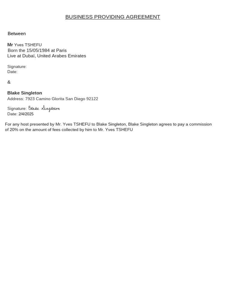 AGREEMENT BETWEEN Blake Singleton and Yves Tshefu | PDF