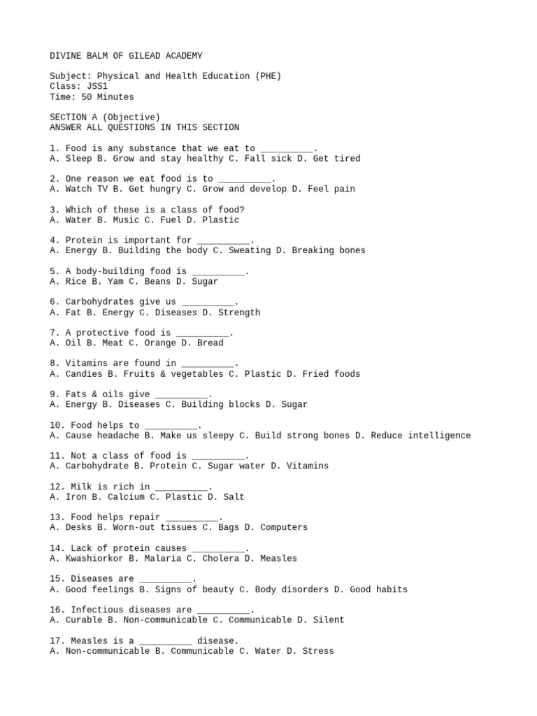 JSS1 Third Term Phe Questions | PDF | Foods | Vegetables