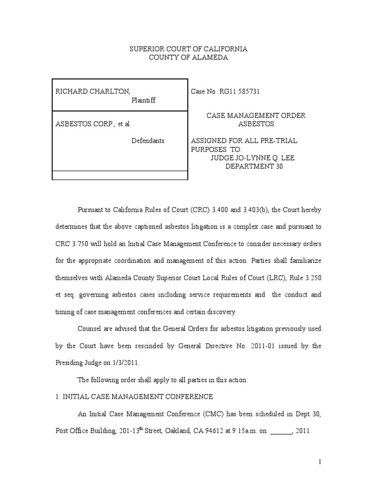 Alameda - Case Management Order Asbestos | Discovery (Law) | Complaint