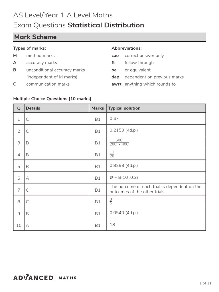 AS Level Maths Statistical Distribution Mark Scheme | PDF | Probability ...