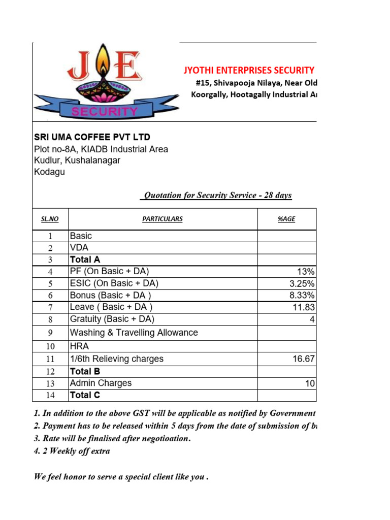 Quotation - Sri Uma Coffee PVT LTD | PDF