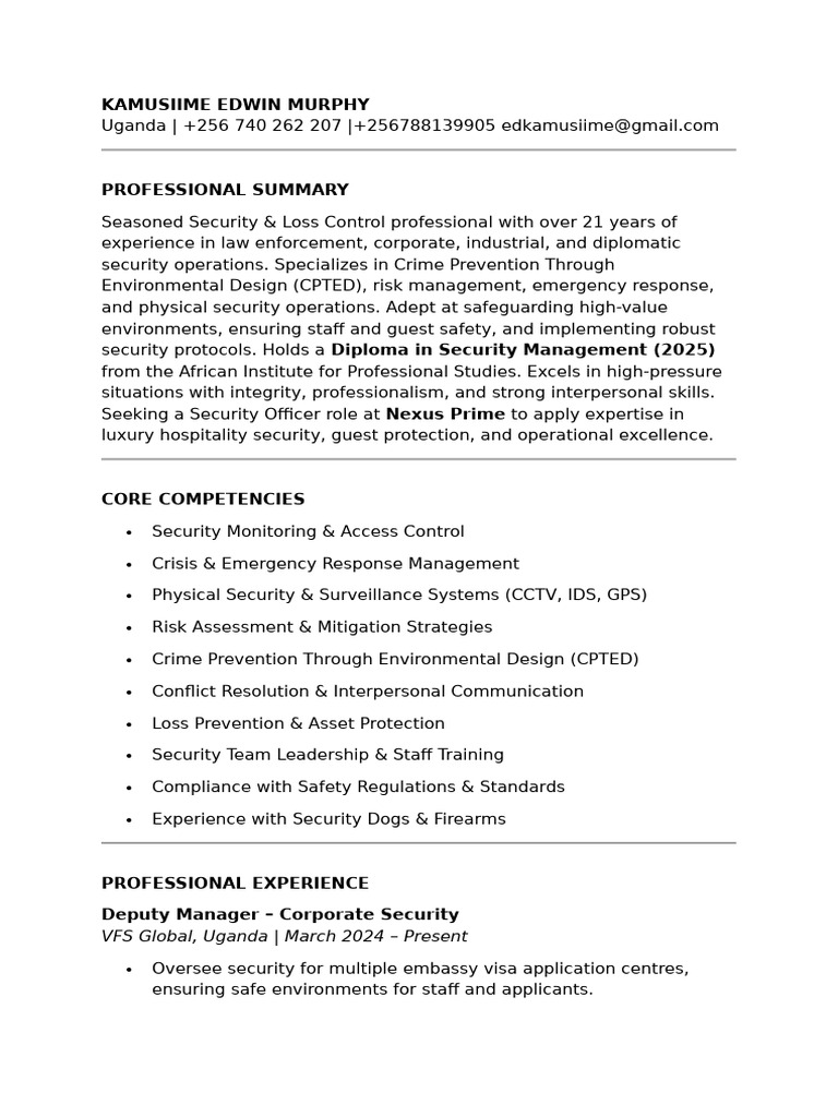 KAMUSIIME EDWIN MURPHY CV | PDF | Securities | Crime Prevention