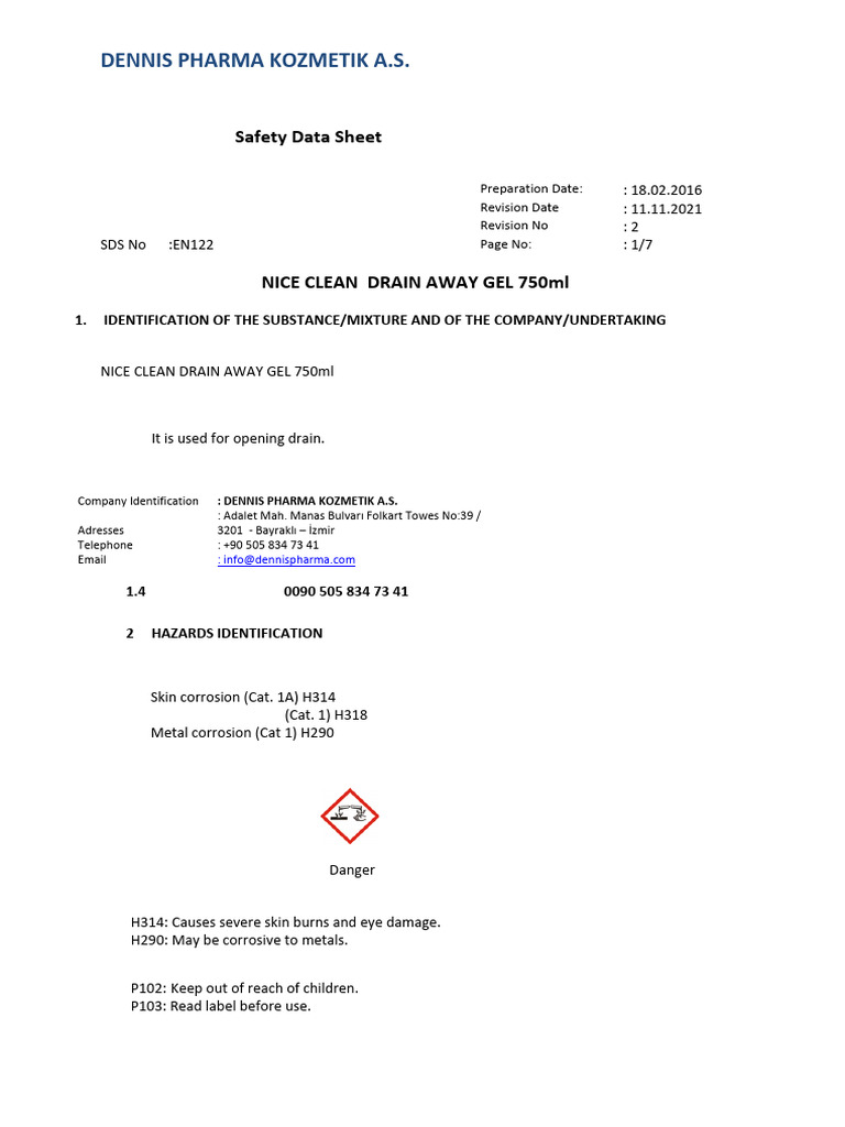 Nice Clean Drain Away Gel - Msds - 750ml | PDF | Toxicity | Occupational Safety And Health
