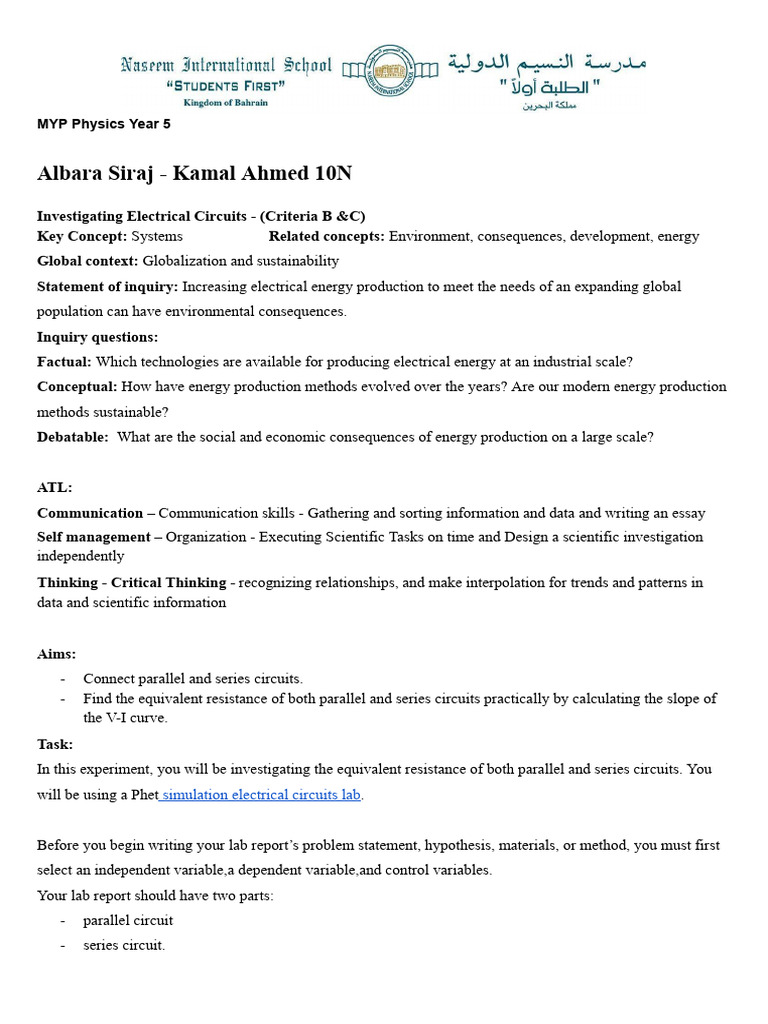 Albara Siraj - Investigating Electrical Circuits (B & C) | PDF ...
