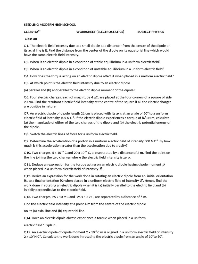 Class 12th Physics Worksheet Electrostsatics | PDF | Electric Field ...