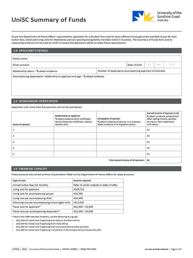 UniSC Student Visa Funds Summary | PDF | Cost Of Living