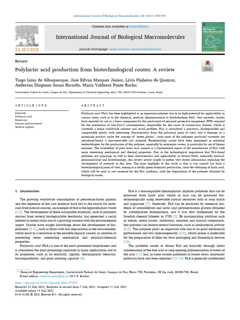 Polylactic Acid Production From Biotechnological R | PDF | Polymers ...