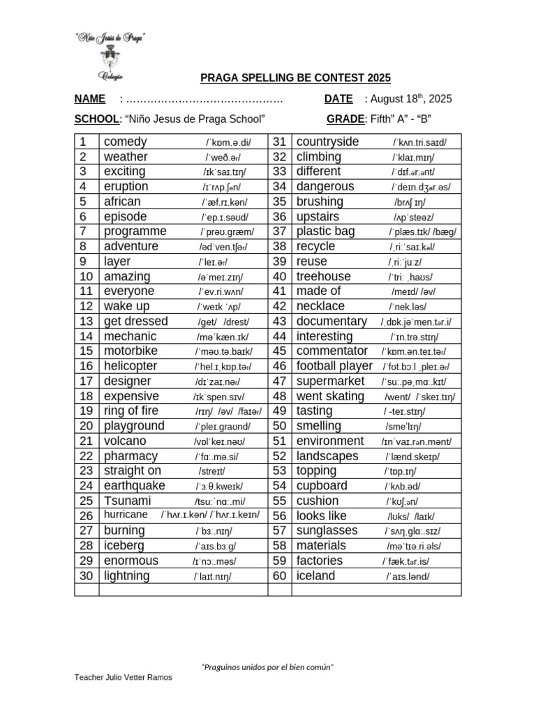 Praga Spelling Bee 2025 List | PDF | Natural Disasters | Natural Hazards