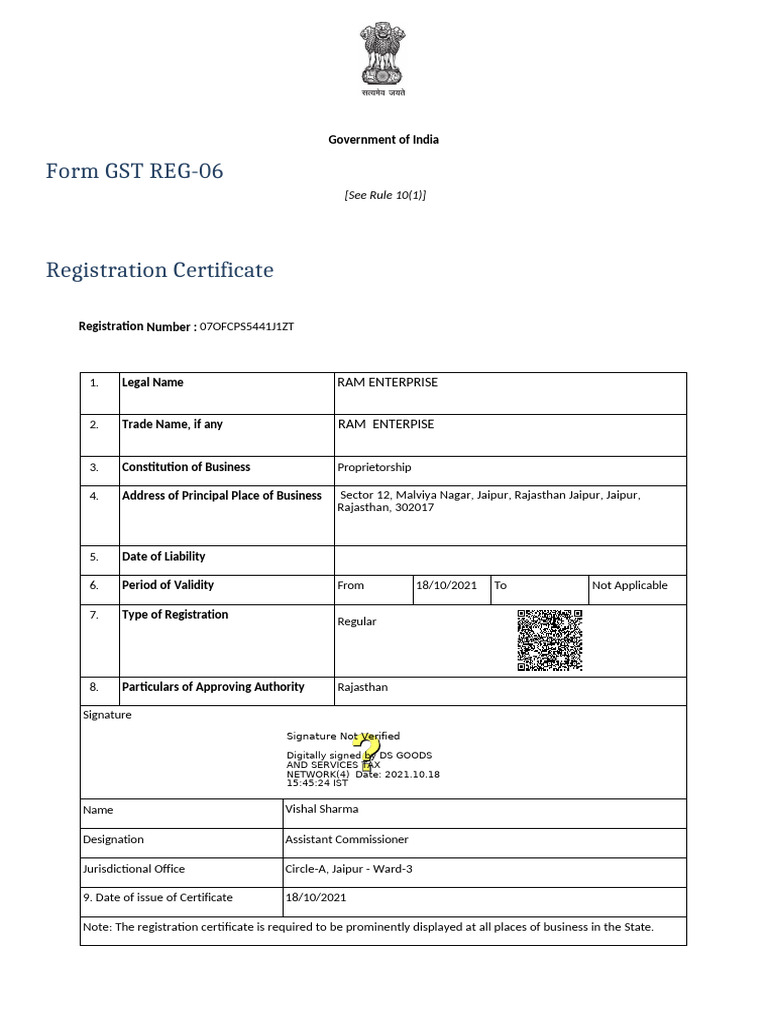 GST Registration Certificate for RAM Enterprise | PDF | Chess Openings ...
