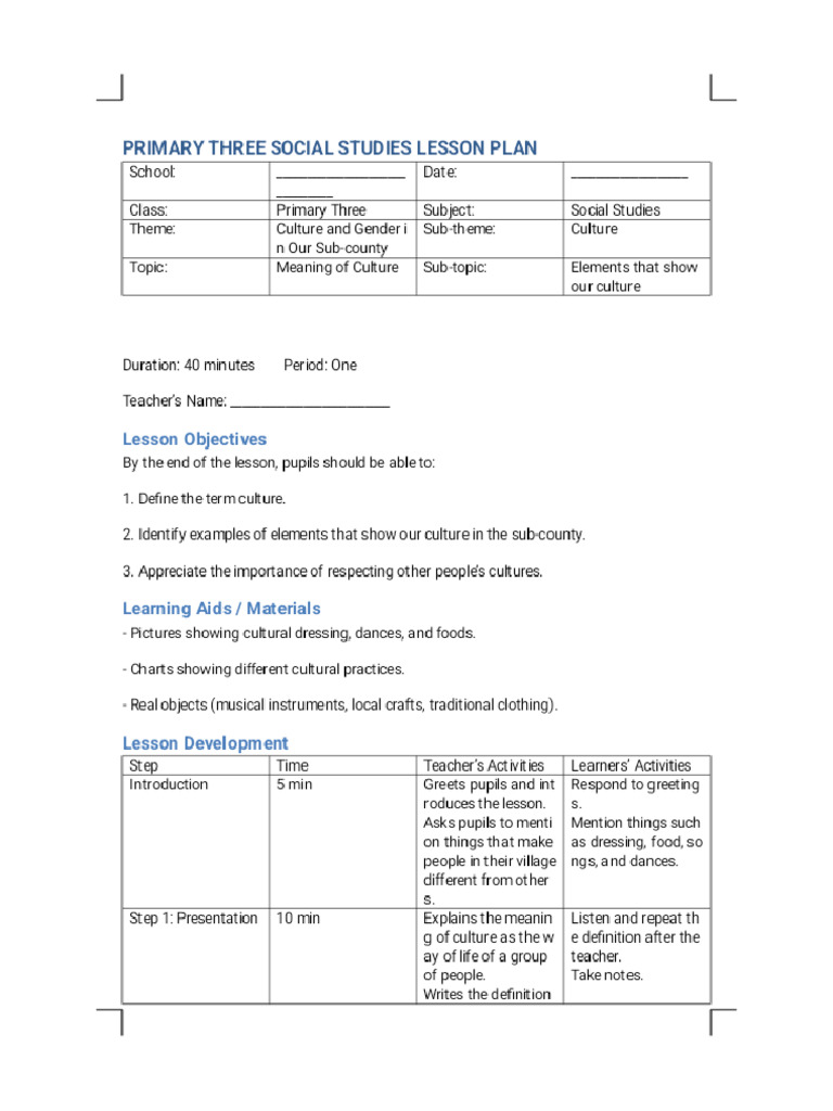 P3 Social Studies Lesson Plan Culture | PDF