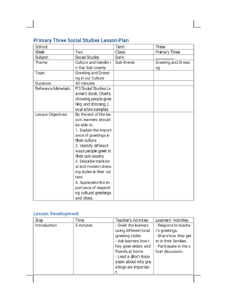 Primary Three SST Lesson Plan Week Two Greetings and Dressing_Phoenix(1 ...