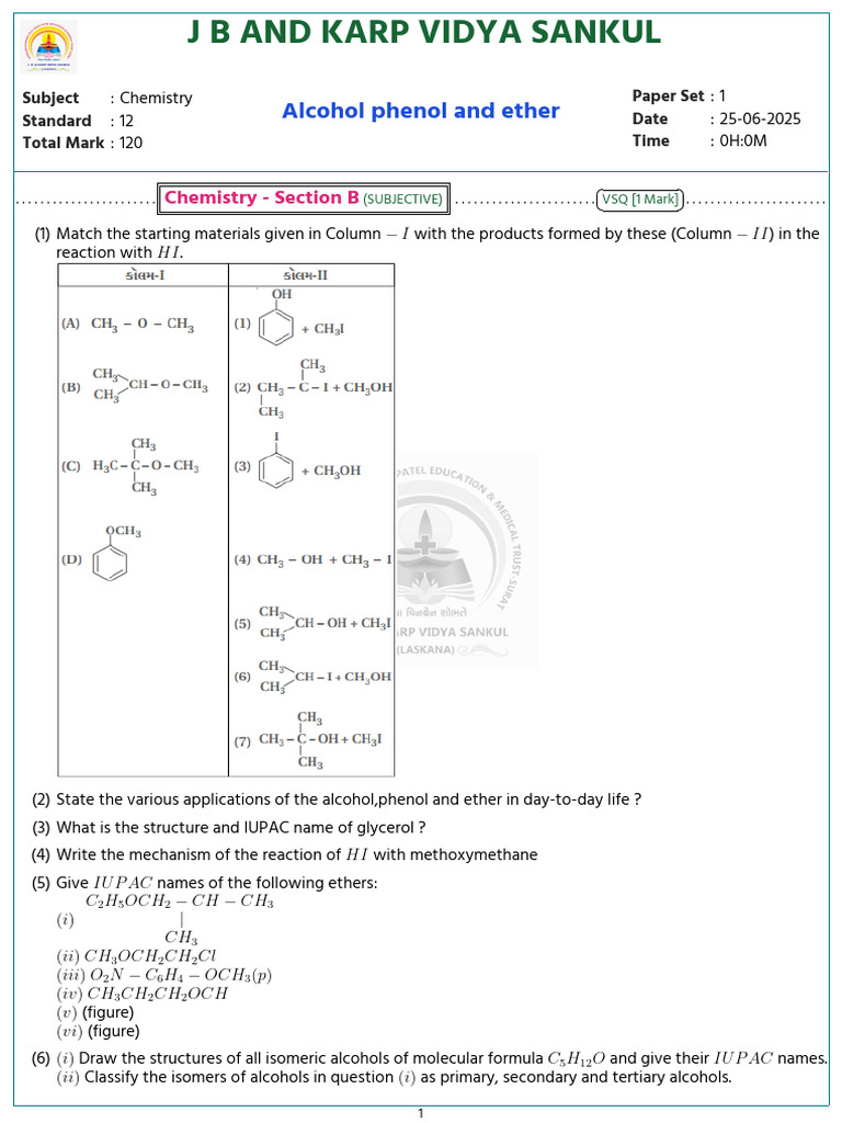 QB Alcohol Phenol and Ether | PDF | Ether | Chemical Reactions