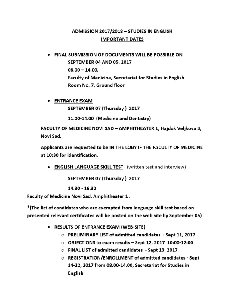 Important Dates - Admission 2017 | PDF