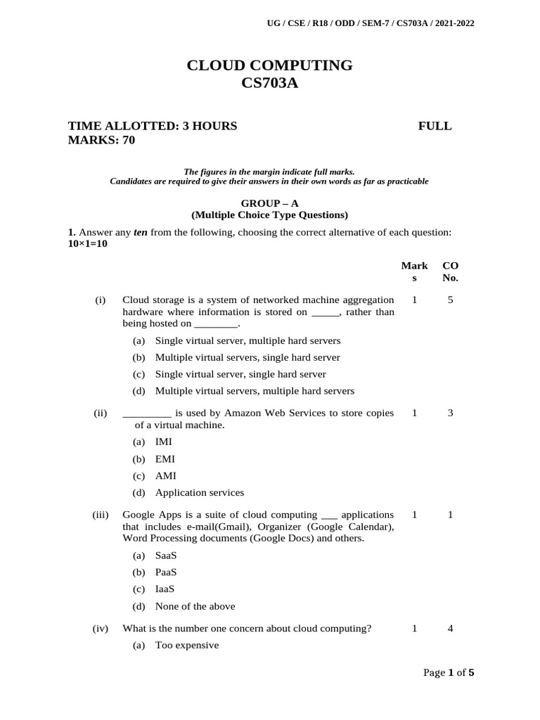 Cse - Cs703a - Cloud Computing - R18 | PDF | Cloud Computing | Virtualization