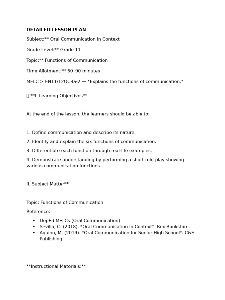 DETAILED Lesson Plan for Functions of Communication | PDF ...