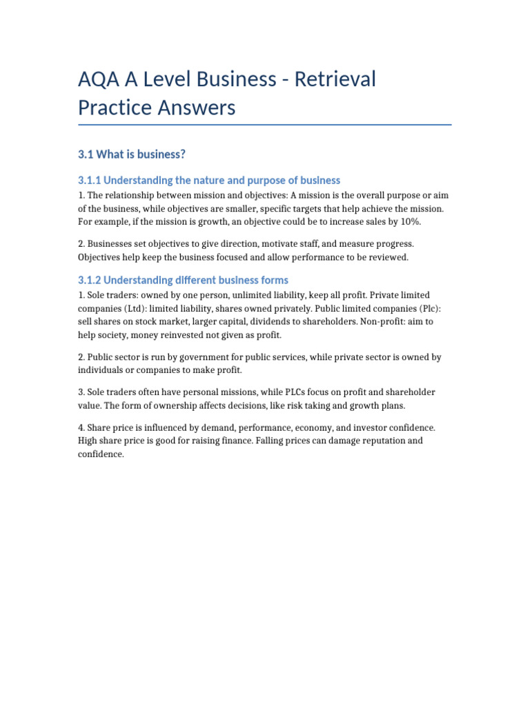 AQA A Level Business: Key Concepts Explained | PDF