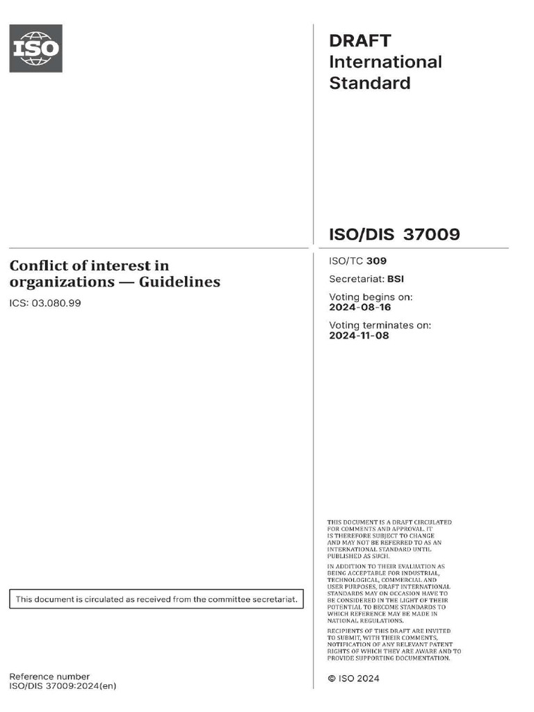 ISO - DIS 37009-2025 - Conflict of Interest in Organizations - Guidelines | PDF | Conflict Of ...