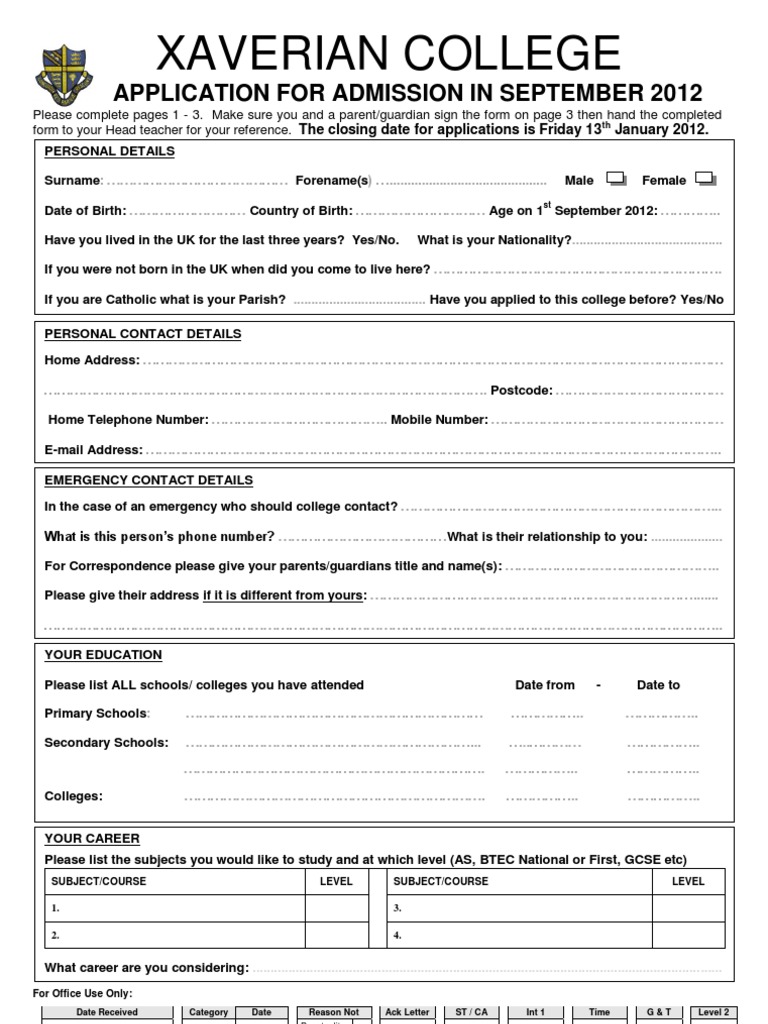 Xaverian College: Application For Admission in September 2012 | PDF ...