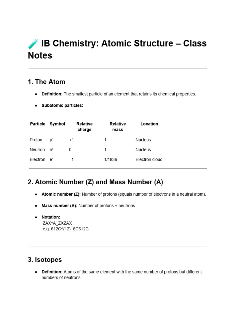 ? IB Chemistry - Atomic Structure - Class Notes | PDF | Atoms | Electron