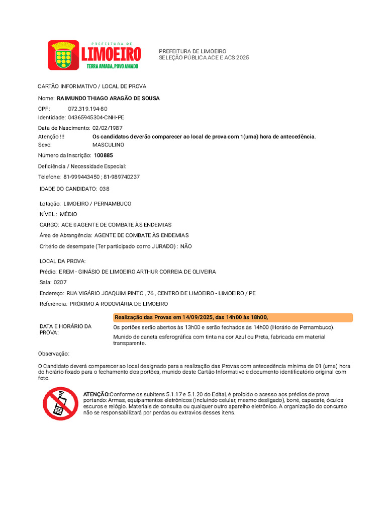 Local e Data da Prova ACE Limoeiro 2025 | PDF