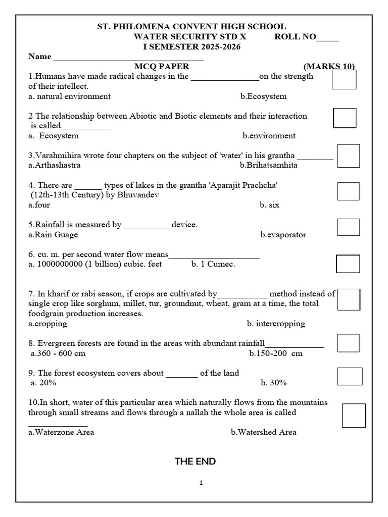 I Sem Water Sec QP 2025-2026 | PDF
