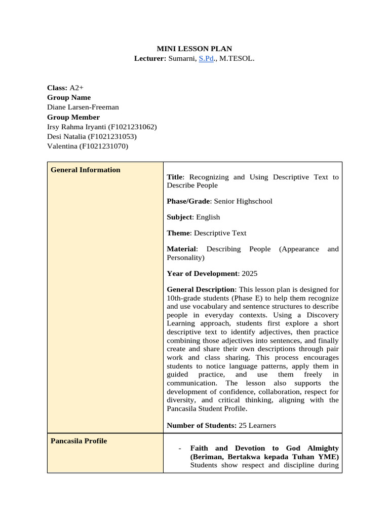 Mini Lesson Plan-Diane Larsen-Freeman-class Meeting 10 | PDF ...