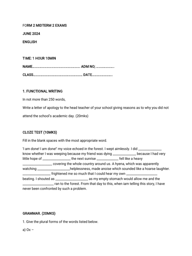 Form 2 English Midterm Exam 2024 | PDF | Linguistics | Morphology