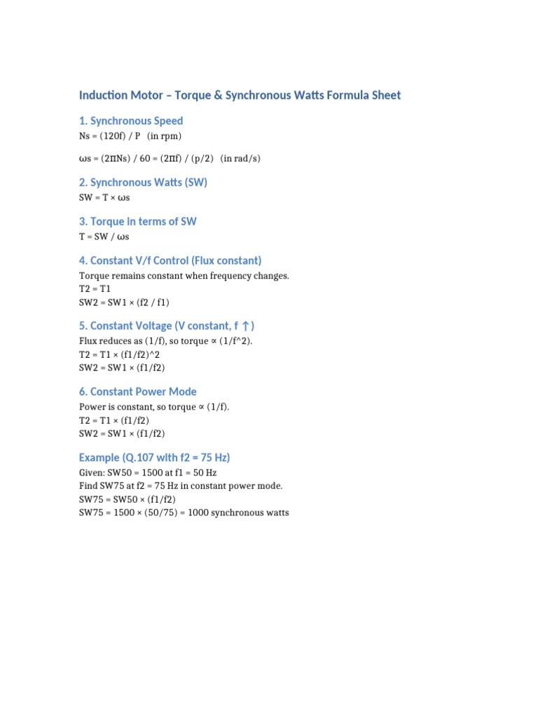 Induction Motor Formula Sheet Corrected | PDF