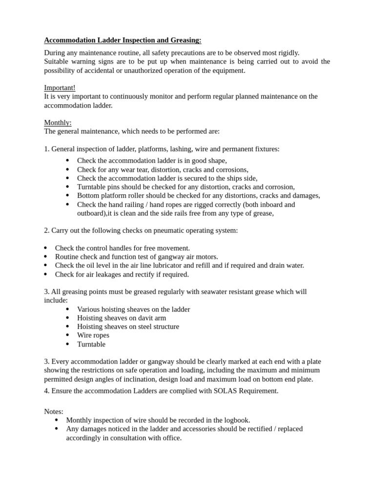 Accommodation Ladder Inspection and Greasing | PDF