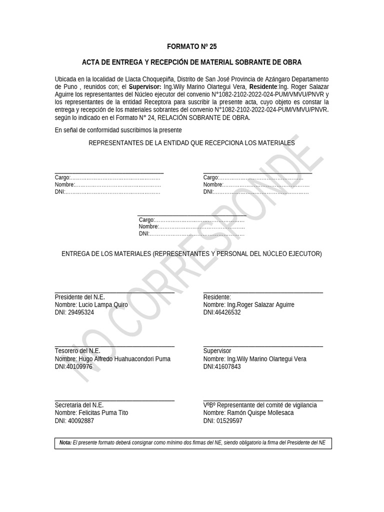25. Formato Nº25 Acta de Entrega y Recepcion de Material Sobrante | PDF