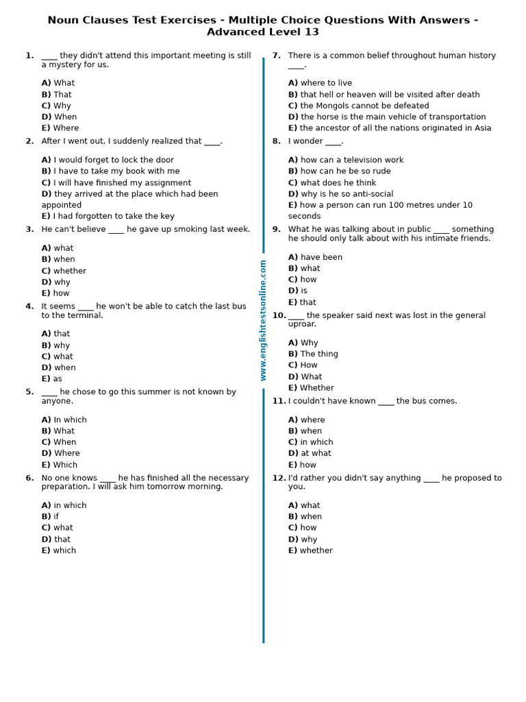 512 Noun Clauses Test Exercises Multiple Choice Questions With Answers ...