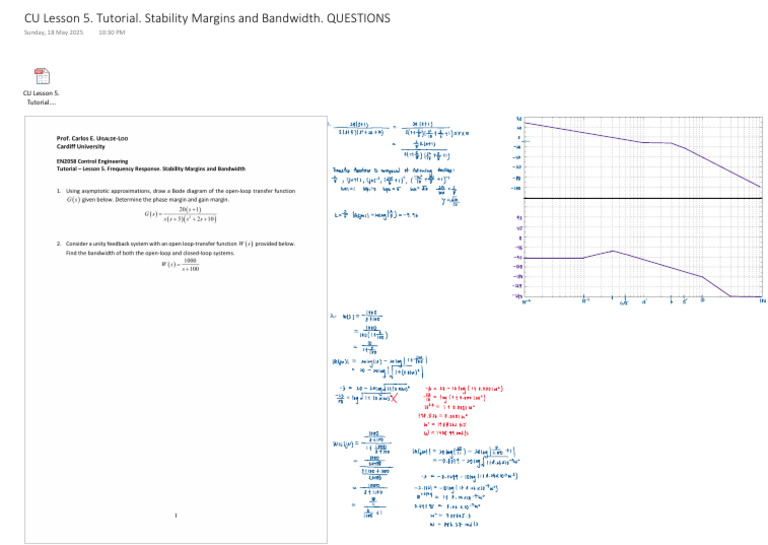 CU Lesson 5. Tutorial. Stability Margins and Bandwidth. QUESTIONS | PDF