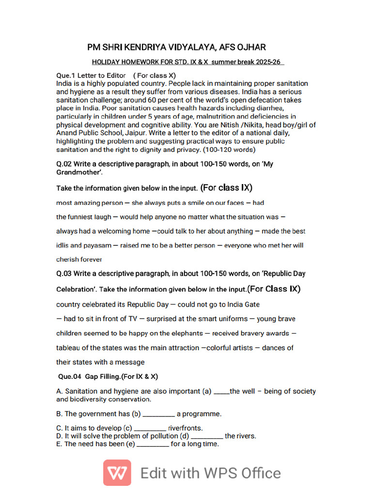 Eng Summer HW Ix & X (2025-26) | PDF