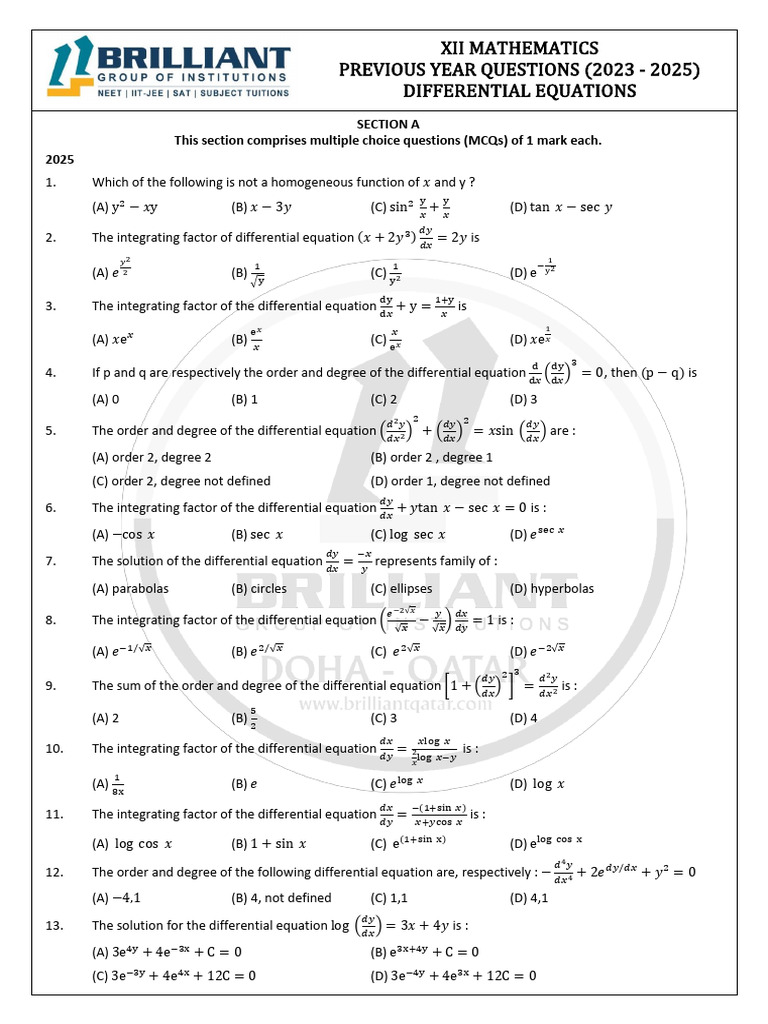 9. Differential Equations (PYQ-2023-25) | PDF | Equations | Exponential ...