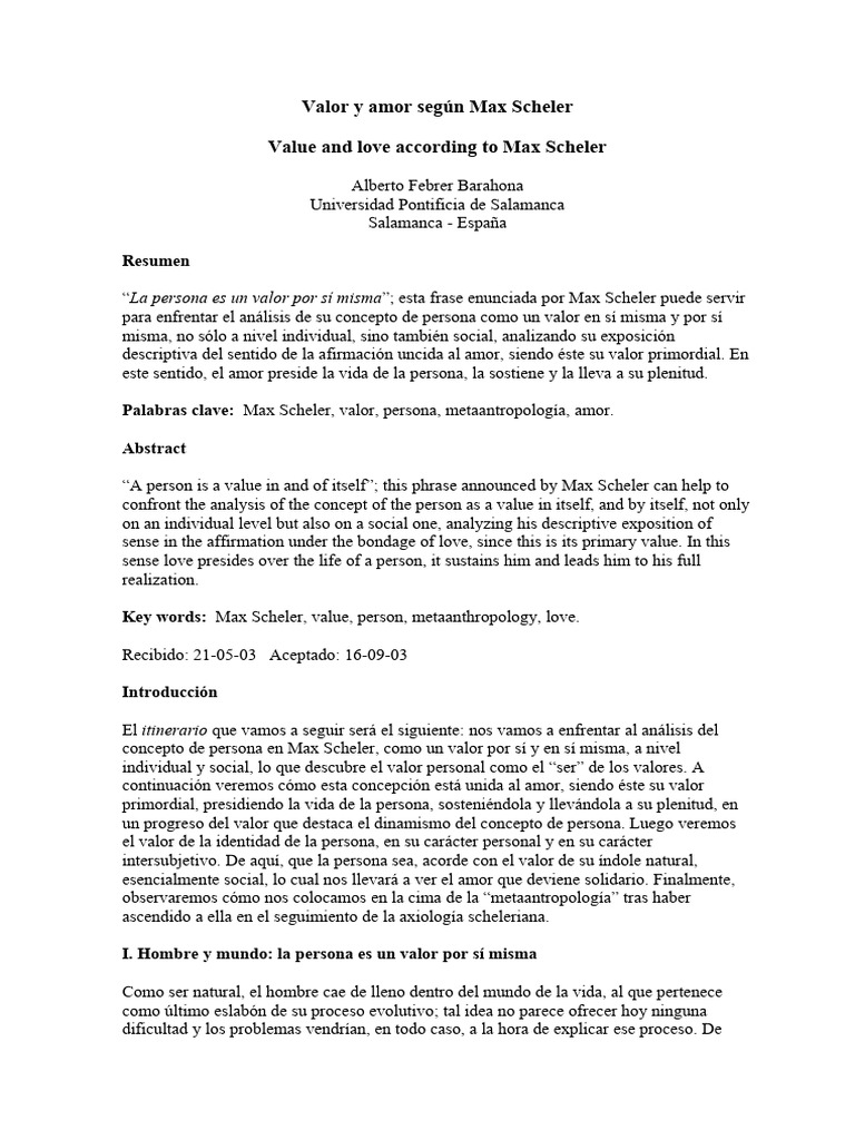 Valor y Amor Segun Max Scheler PDF Free | PDF | Amor | Conocimiento