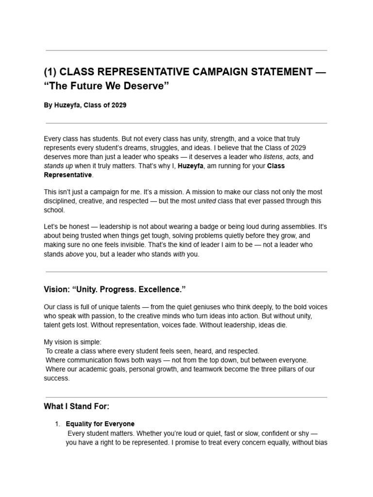 Huzeyfa's Class of 2029 Campaign Plan | PDF | Leadership | Behavioural ...
