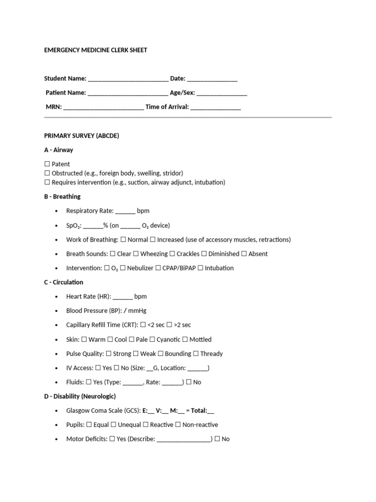 Emergency Medicine Clerk Sheet | PDF | Breathing | Respiratory Tract