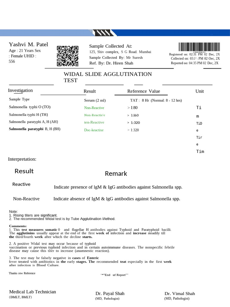 Widal Test Report Format in Word | PDF | Salmonella | Medical Specialties