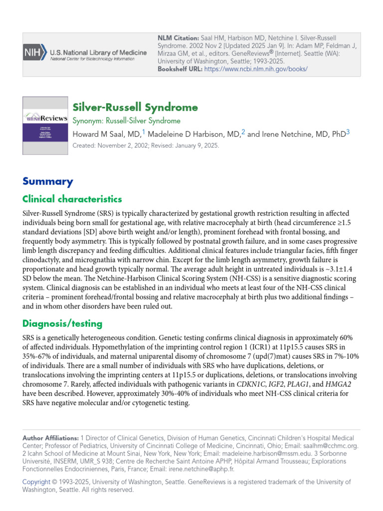 Silver-Russell Syndrome Overview and Management | PDF | Prenatal ...