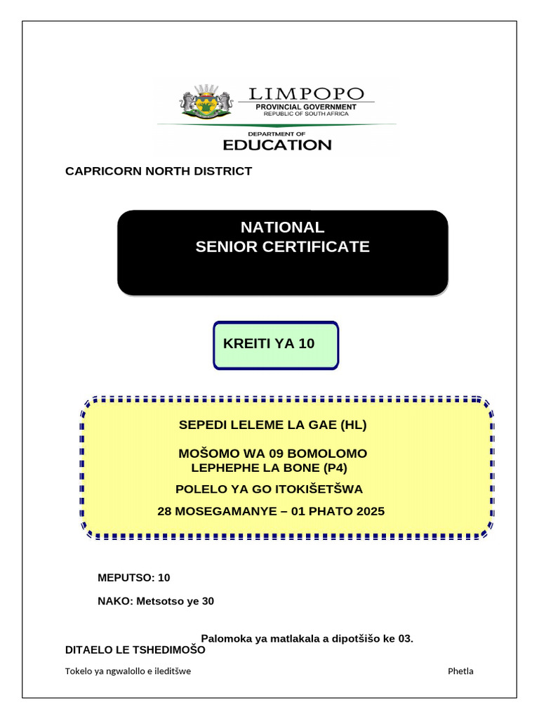 Sepedi HL Task No 9 GR 10 Prepared Speech 2025 | PDF