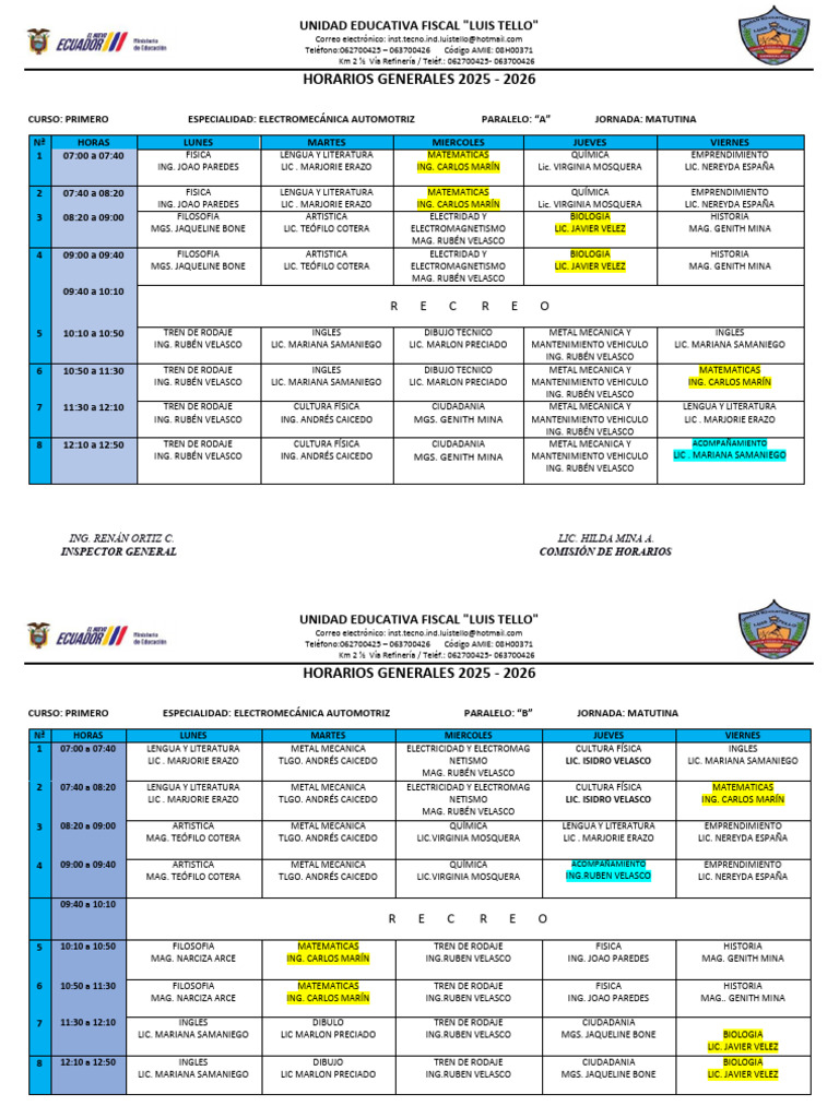 HORARIOS AÑO LECTIVO 2025-2026-modificado | PDF
