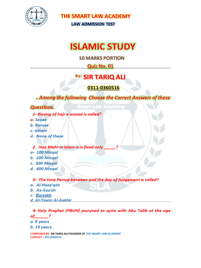 Islamic Study Quiz No.01 | PDF | Muhammad | Umar
