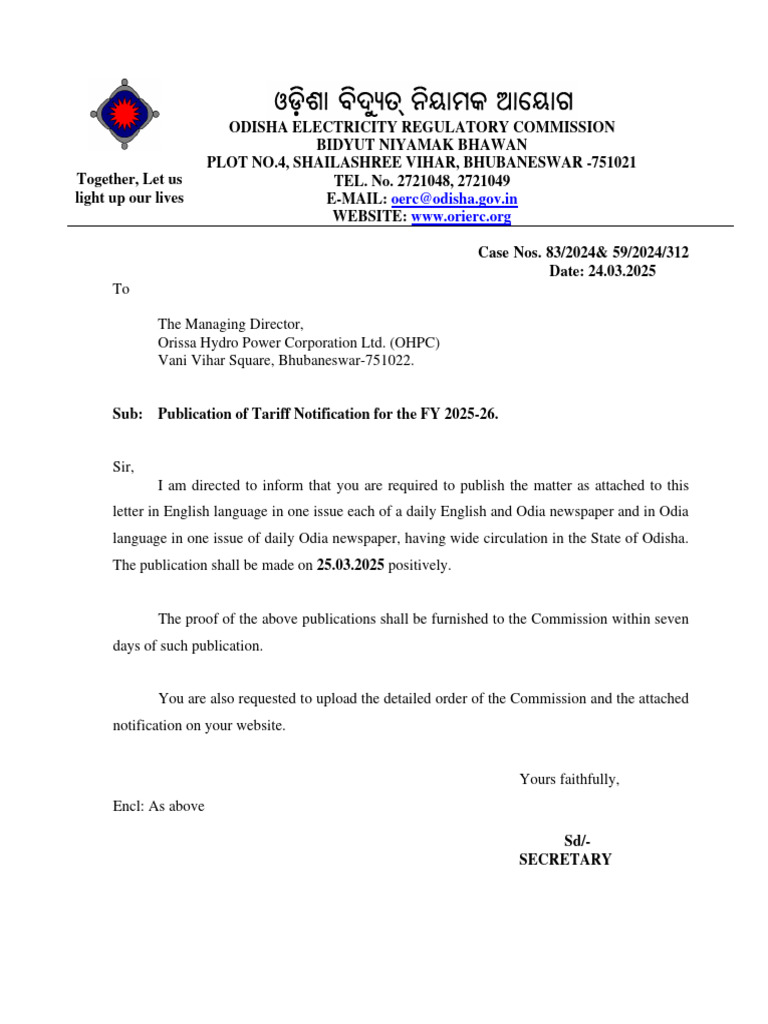 OHPC Tariff Notification FY 2025 26 | PDF