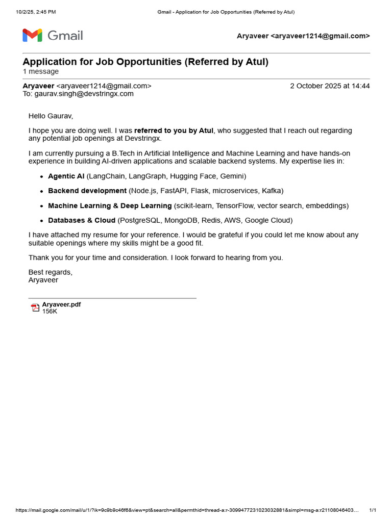 Gmail - Application For Job Opportunities (Referred by Atul) | PDF