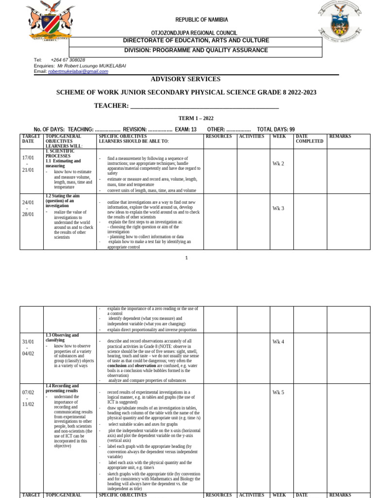 Grade 8 Physical Science Scheme of Work - 2022 | PDF | Weight | Atomic ...