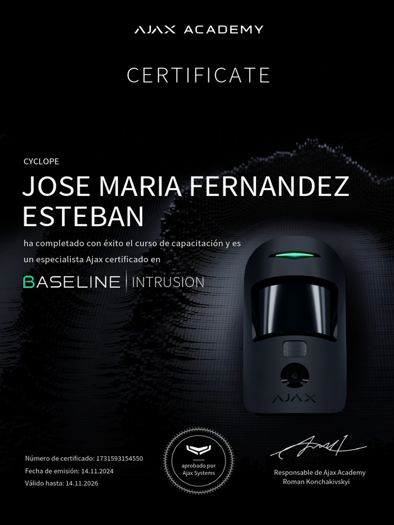 Ajax Baseline Intrusion Certificate (Es). JOSE MARIA FERNANDEZ ESTEBAN ...
